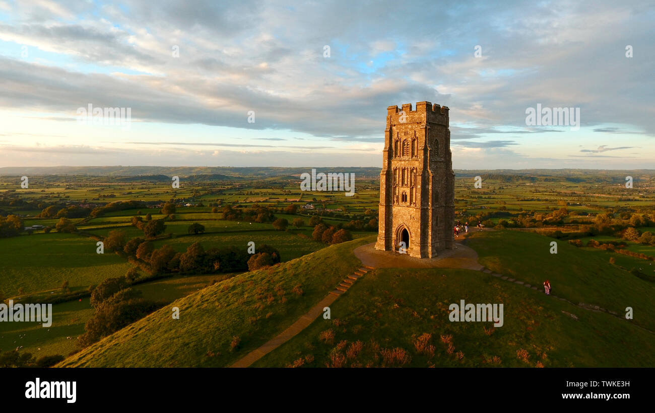 Aerial view of the historic St. Michaels Tower - Glastonbury Tor in ...