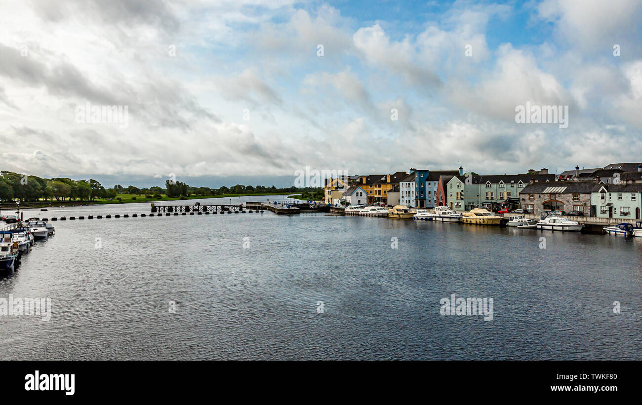 Beautiful view of the river Shannon with boats anchored on the coast ...