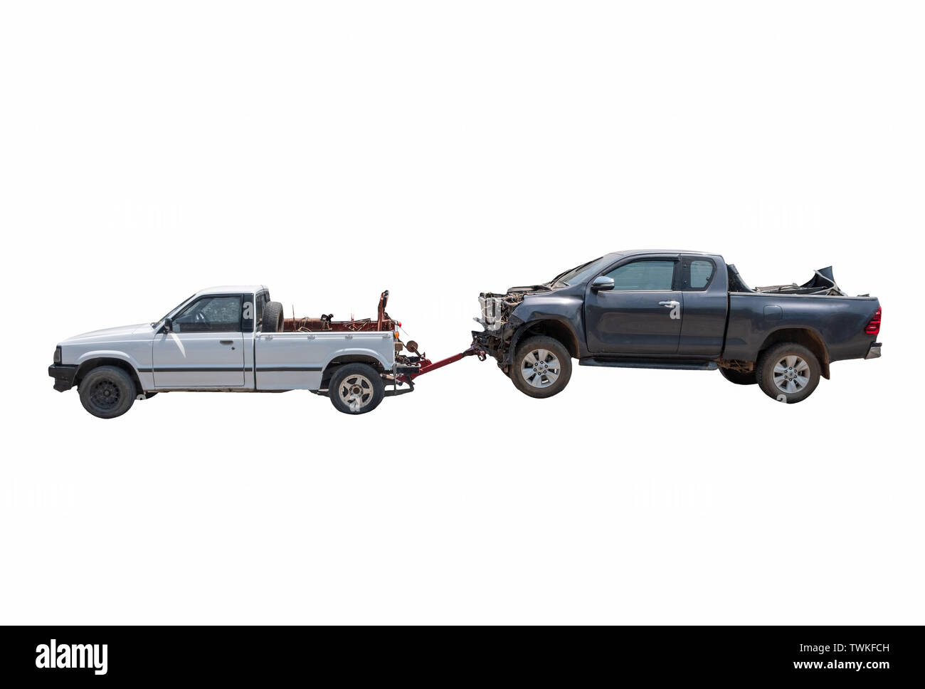 Pickup truck towing crashed accident car. isolated on white background ...