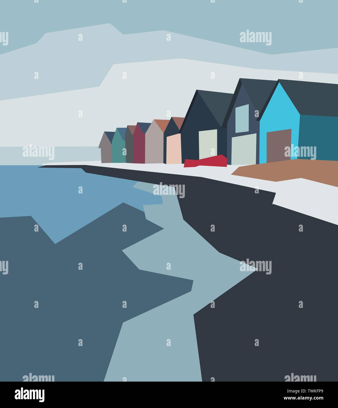 Beautiful small houses standing on the blue sea shore. Minimalistic ...