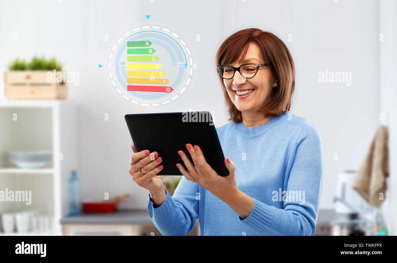 senior woman using tablet pc with energy chart Stock Photo - Alamy