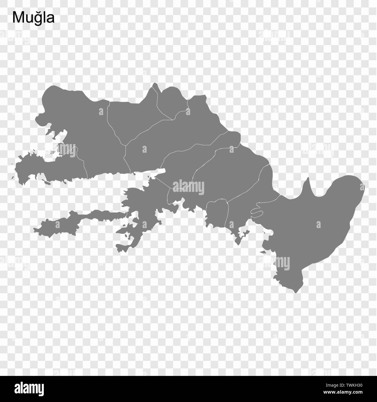 High Quality map of Mugla is a province of Turkey, with borders of the ...
