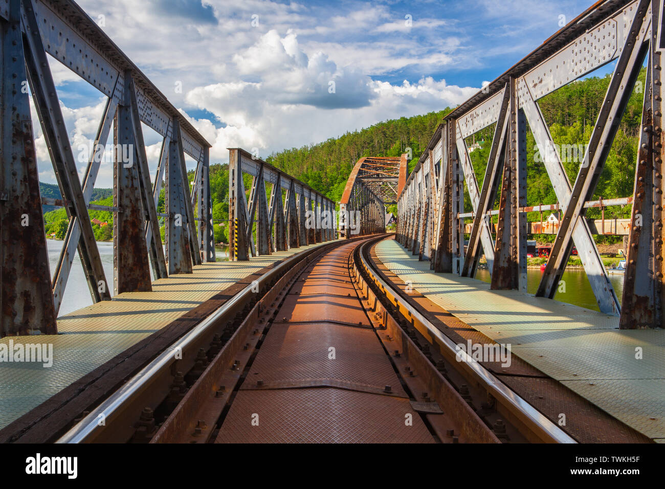 Single track railway bridge over the Vltava river, Mechenice, Czech ...