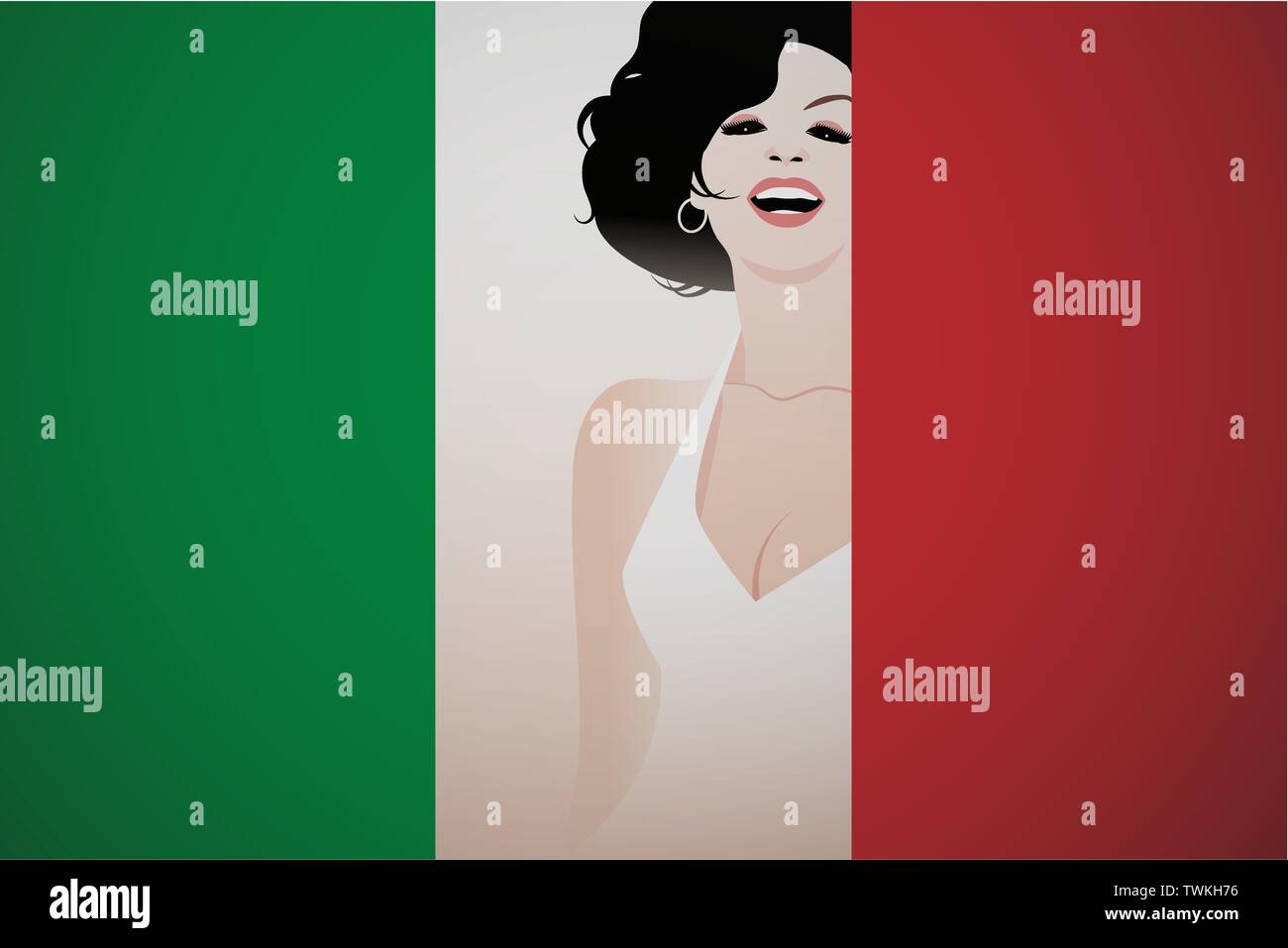 Illustration of beautiful Italian woman integrated in the flag of Italy ...