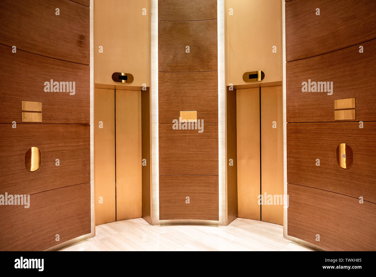 Closed elevator doors. Contemporary interior wooden curved Stock Photo ...