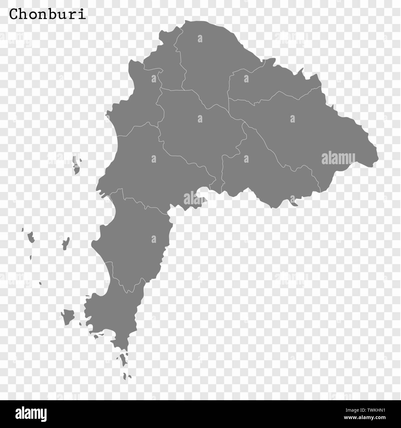 High Quality map of Chonburi is a province of Thailand, with borders of ...