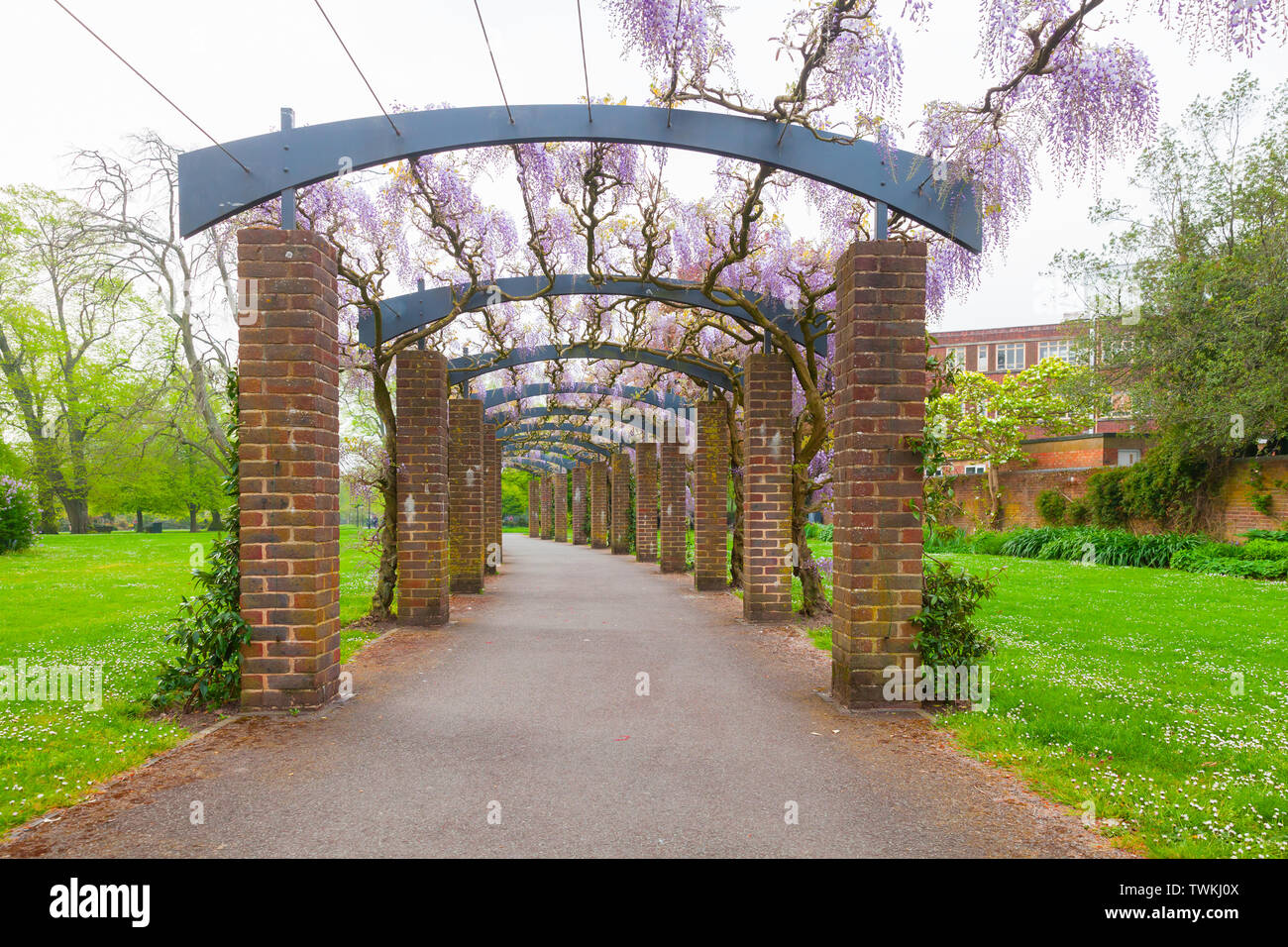 Perspective view of an outdoor arcade with flowers. East Park of ...