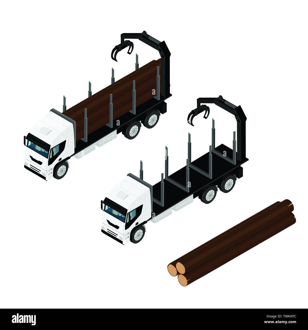 Realistic high detail logging truck loading wood logs isometric view ...