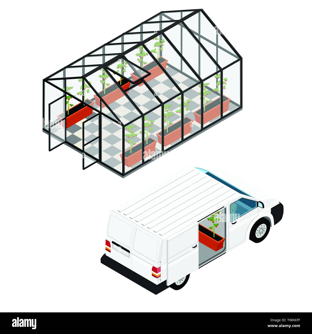 Greenhouse and minivan deliver plants at an organic farm. Growing ...