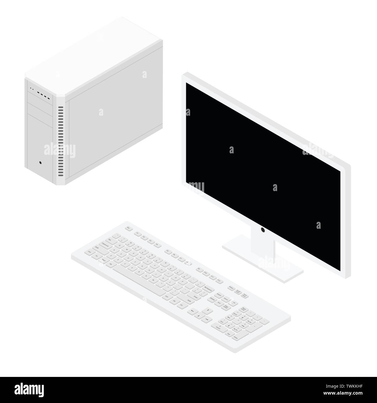 Personal computer case, keybord and monitor isometric view isolated on ...