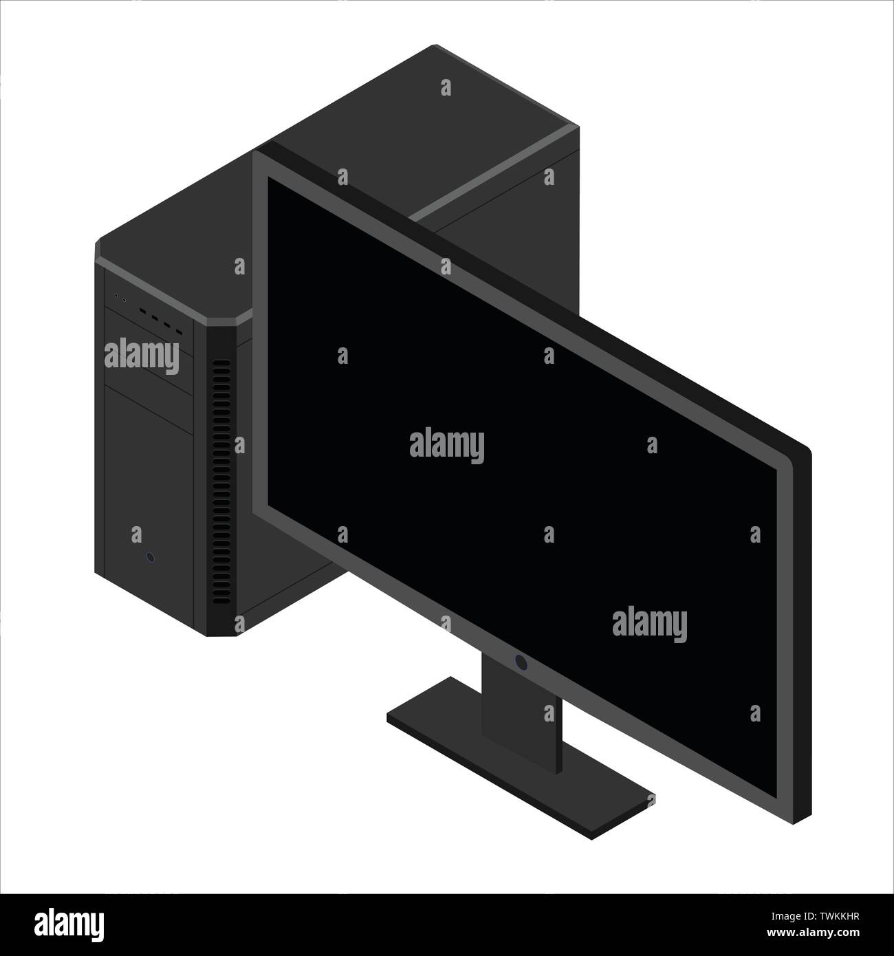 Black personal computer case and monitor isometric view isolated on ...