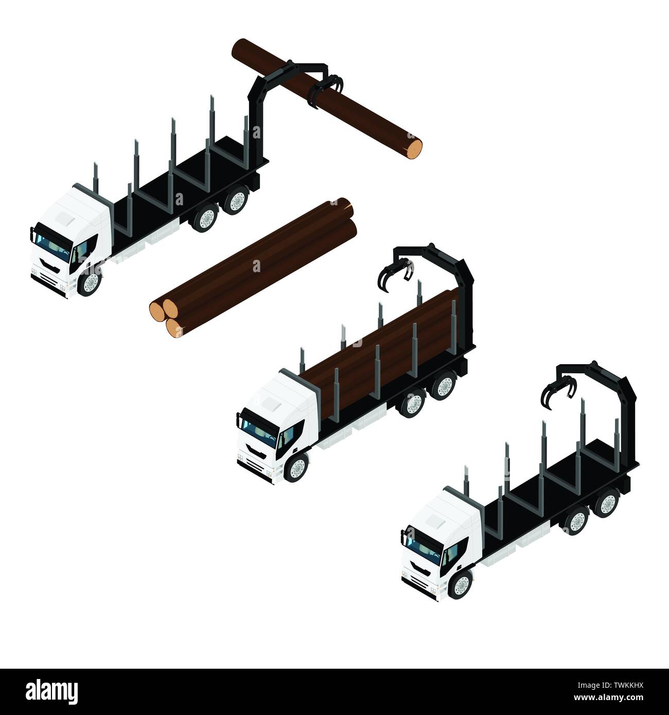 Realistic high detail logging truck loading wood logs isometric view ...