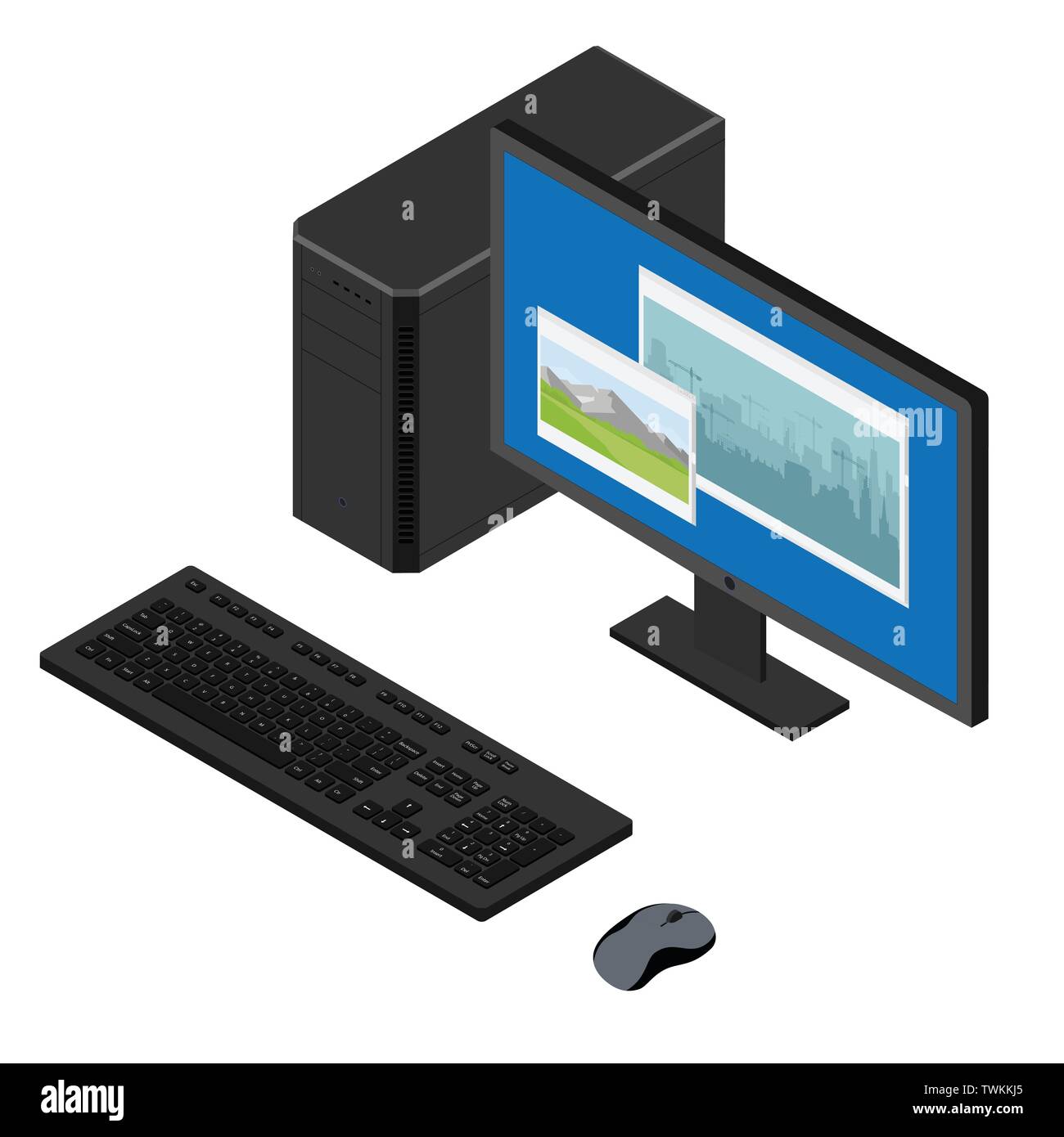 Personal computer case, keybord, mouse and monitor with city and ...