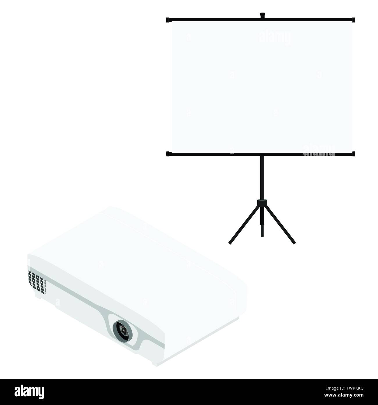 Projector and screen isometric view. Realistic video projector and ...