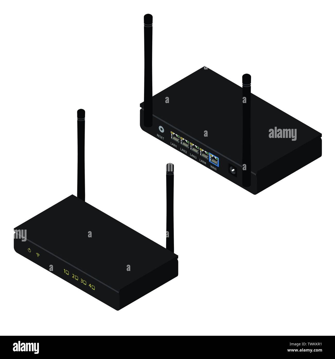 Black realistic wireless router with the antenna front and back ...