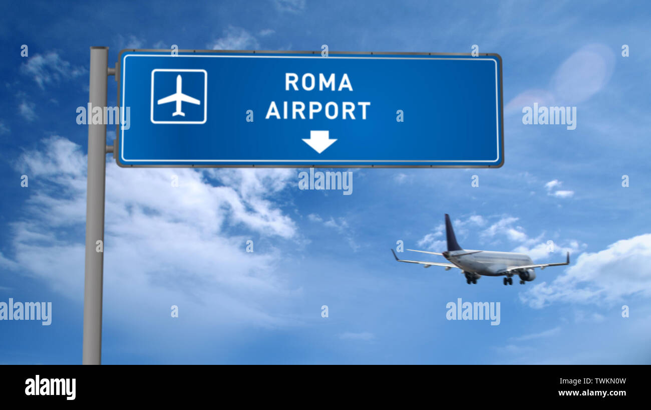 Airplane silhouette landing in Roma, Italy. City arrival with airport ...