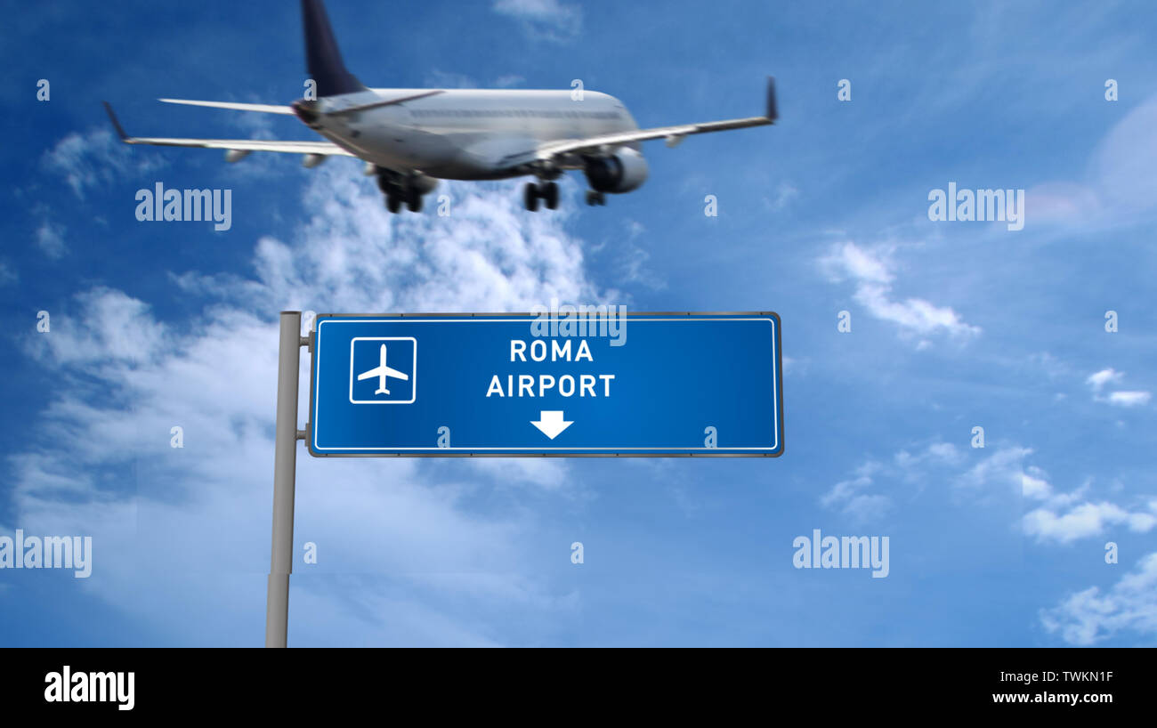 Airplane silhouette landing in Roma, Italy. City arrival with airport ...