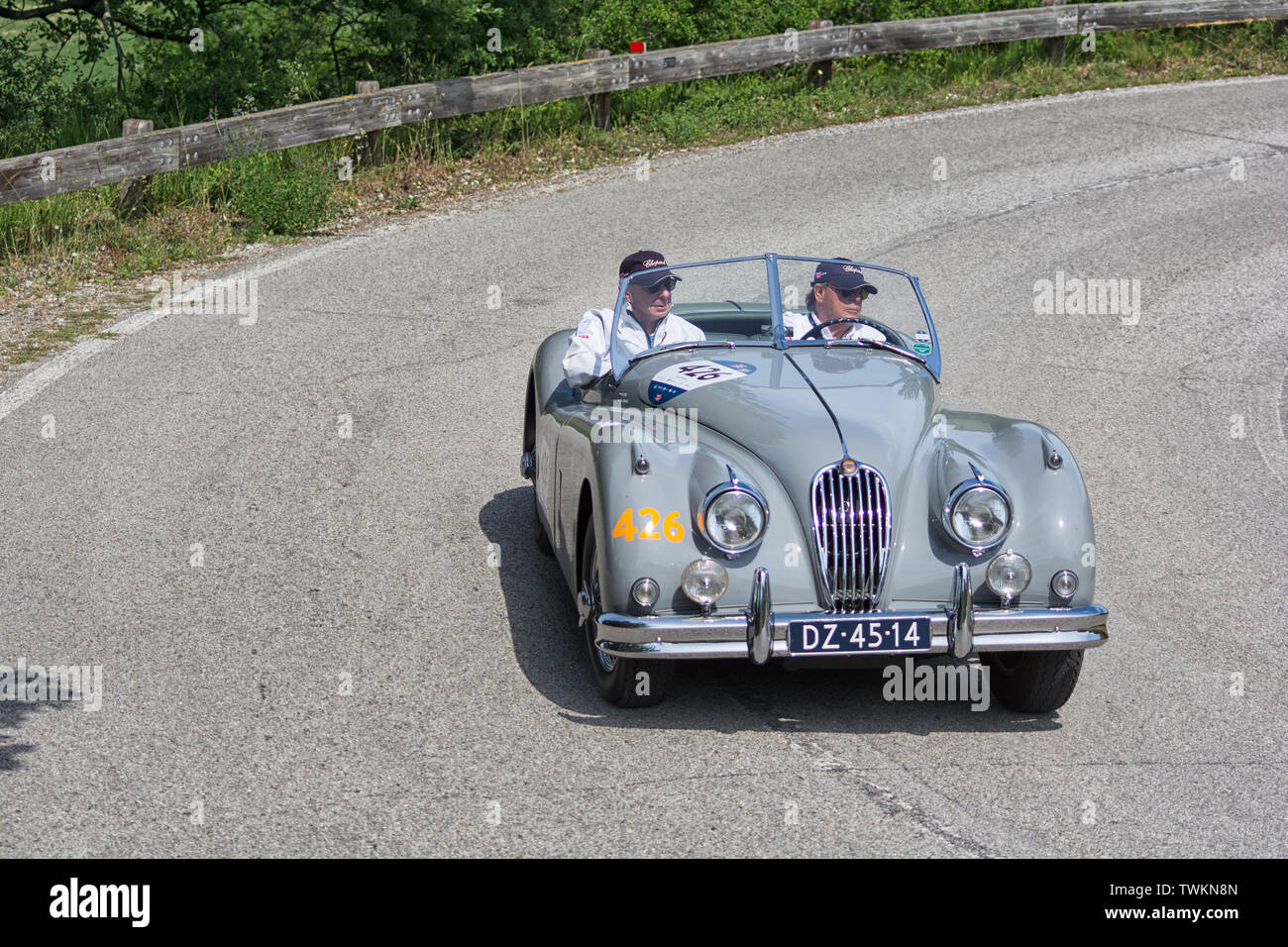 JAGUAR XK 140 OTS SE 1955 on an old racing car in rally Mille Miglia ...