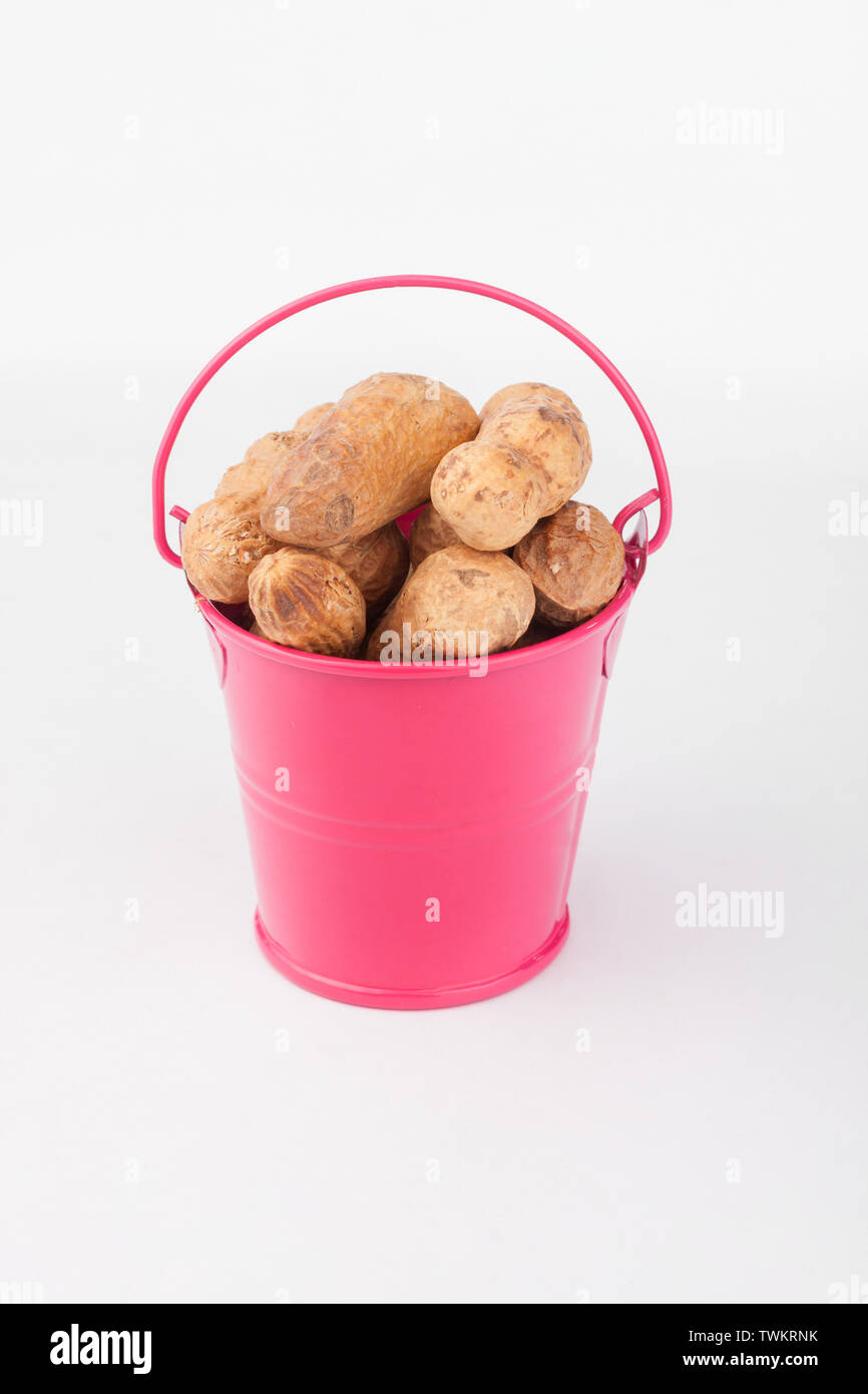 Heap peanut nuts in pink bucket on white background. Copy space Stock ...