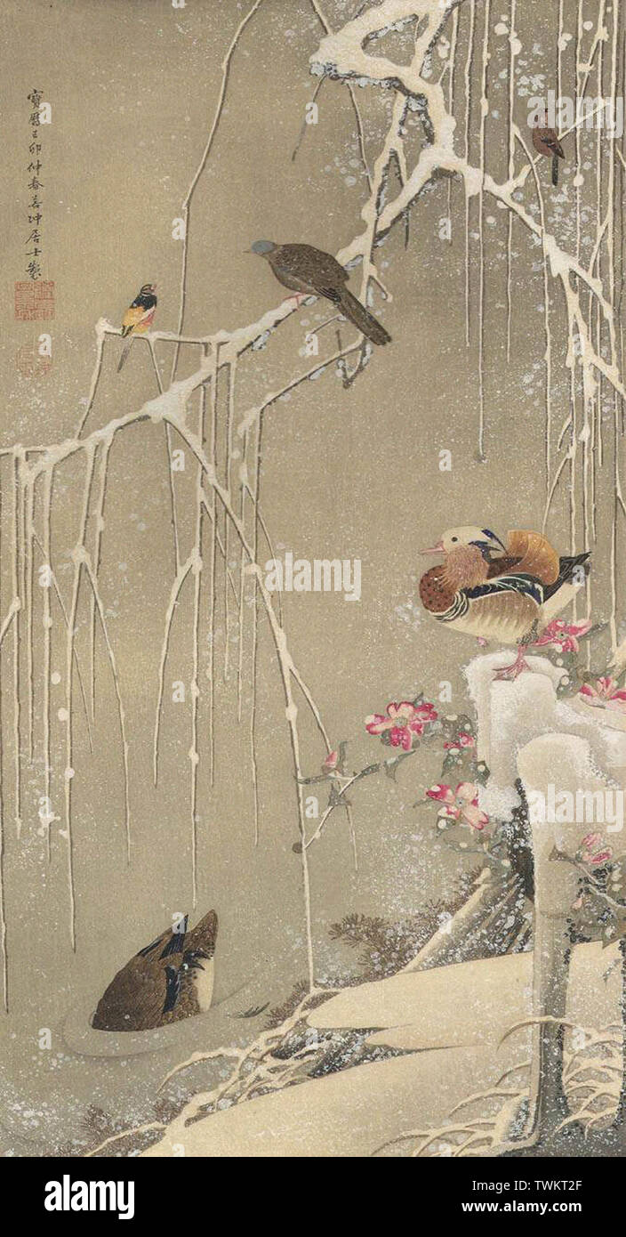 Jakuchu - Willow Tree Mandarin Ducks Snow Stock Photo - Alamy