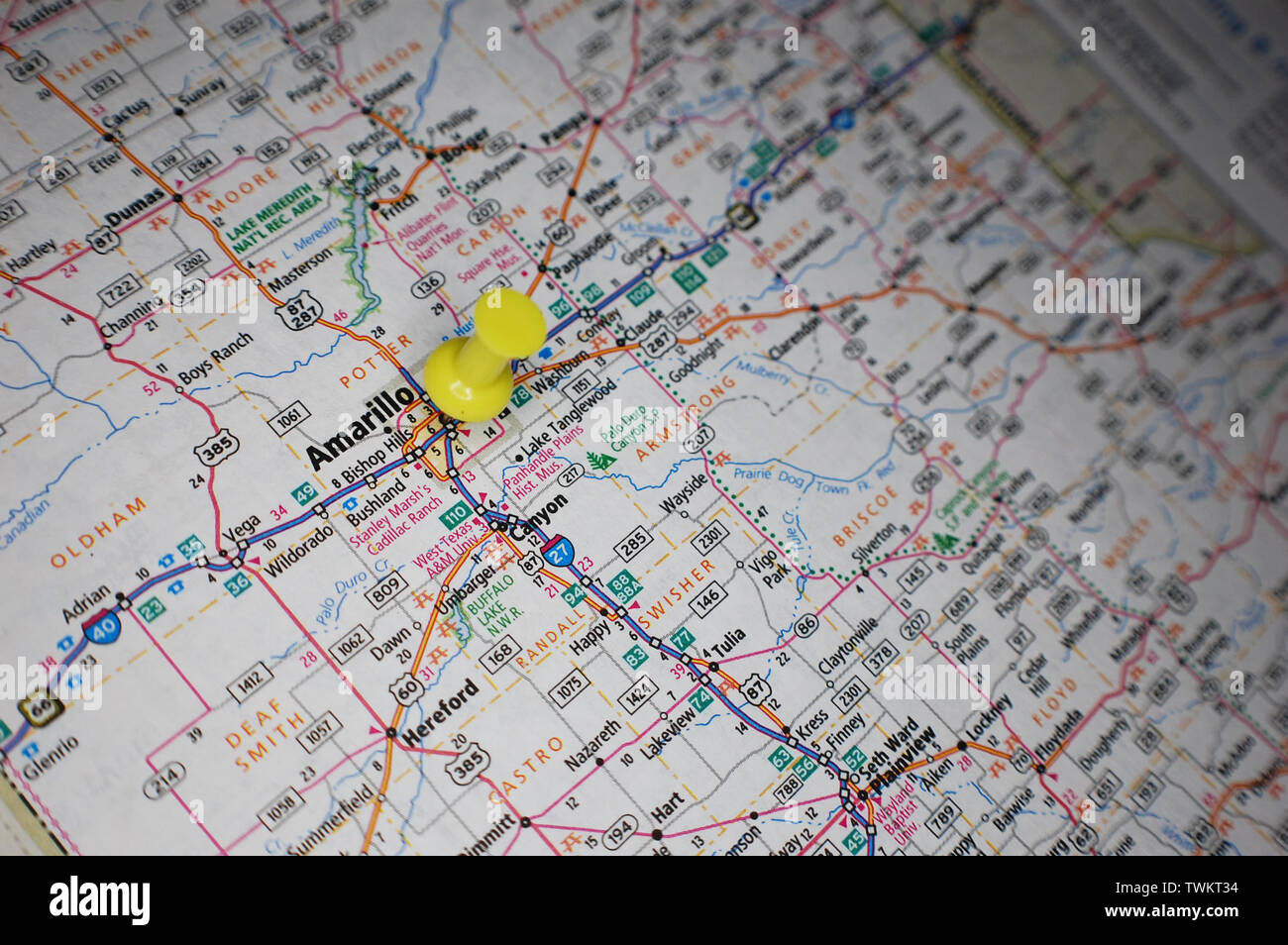 A map of Amarillo, Texas marked with a push pin Stock Photo - Alamy