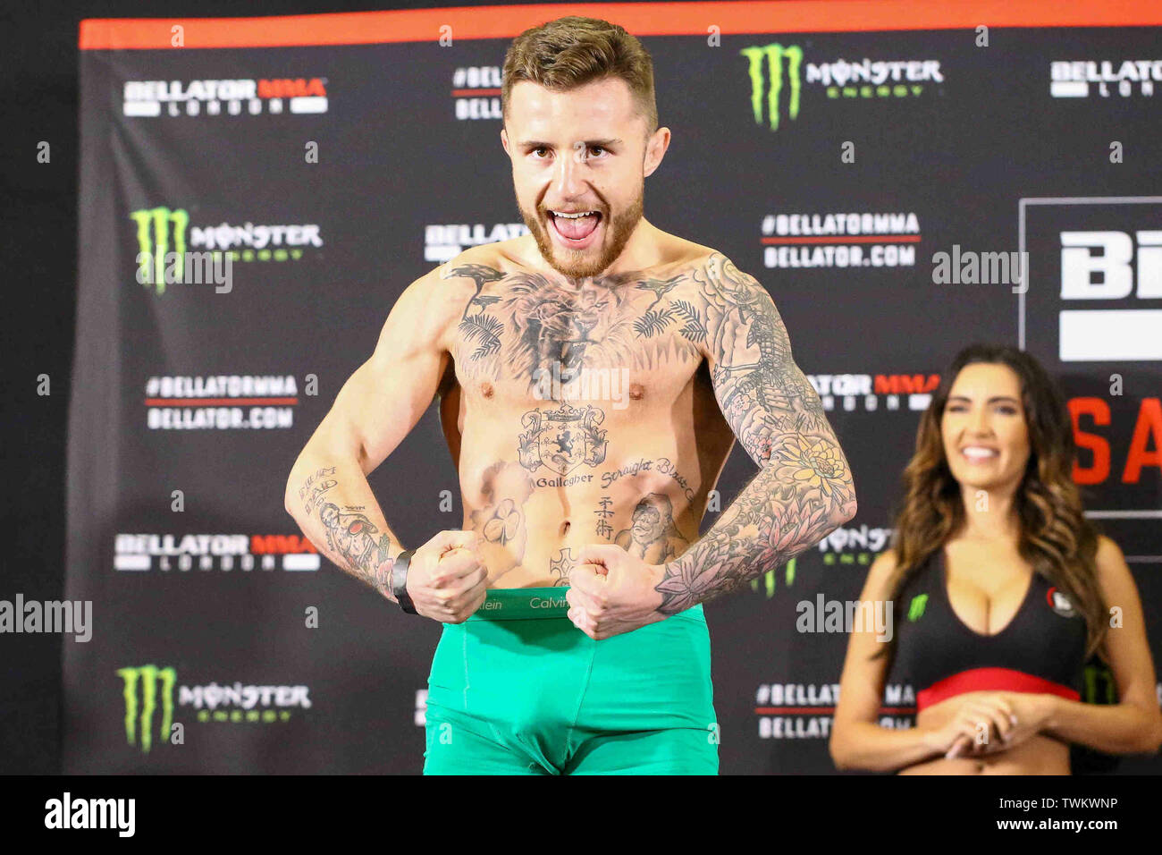 London, UK. 21st June 2019. James Gallagher takes to the scales at ...