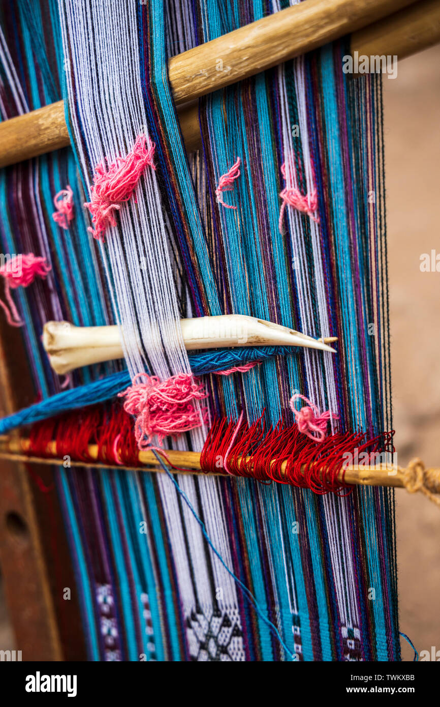Detail of a weavers hand loom on Taquile island on Lake Titicaca, Peru ...