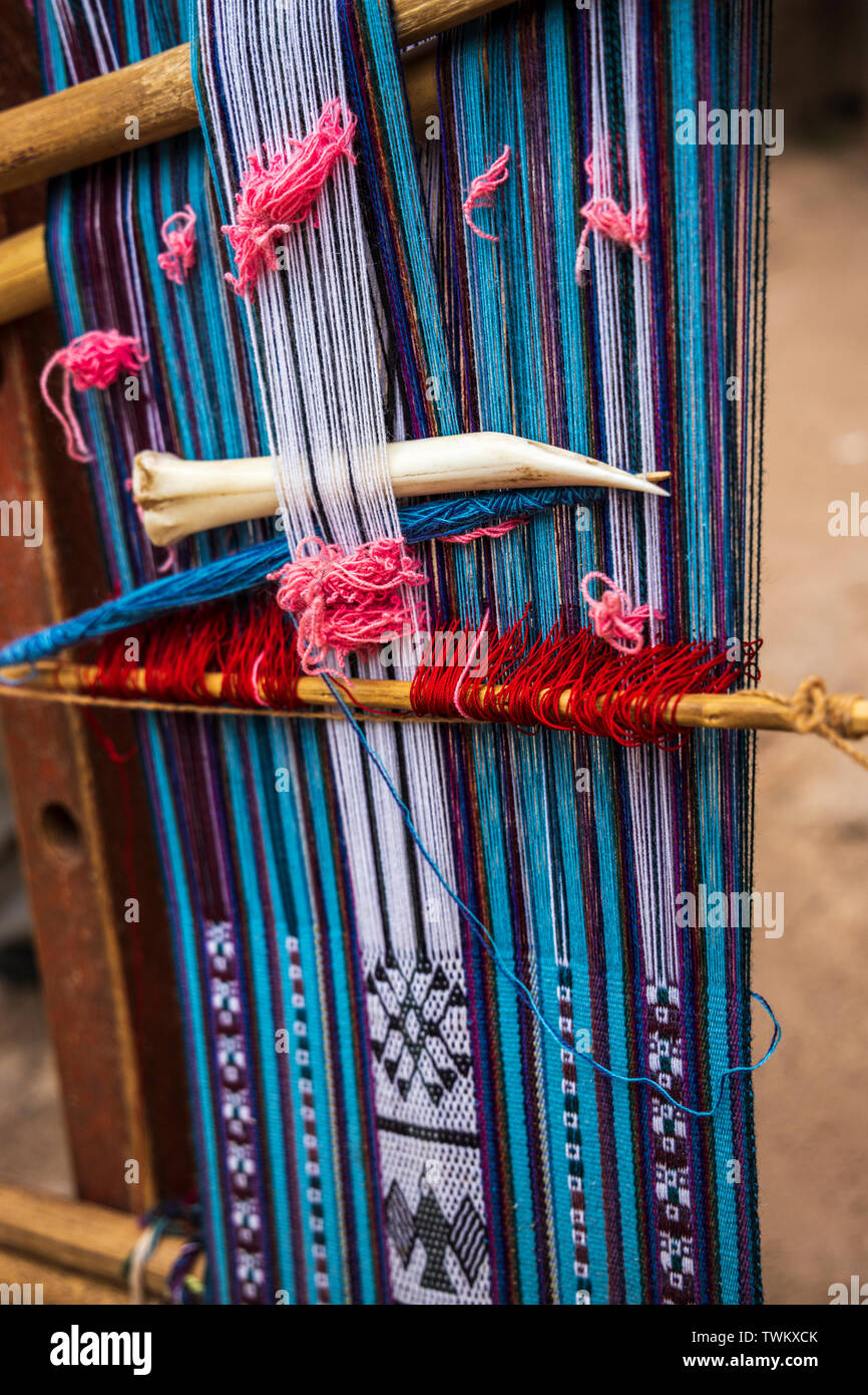 Detail of a weavers hand loom on Taquile island on Lake Titicaca, Peru ...