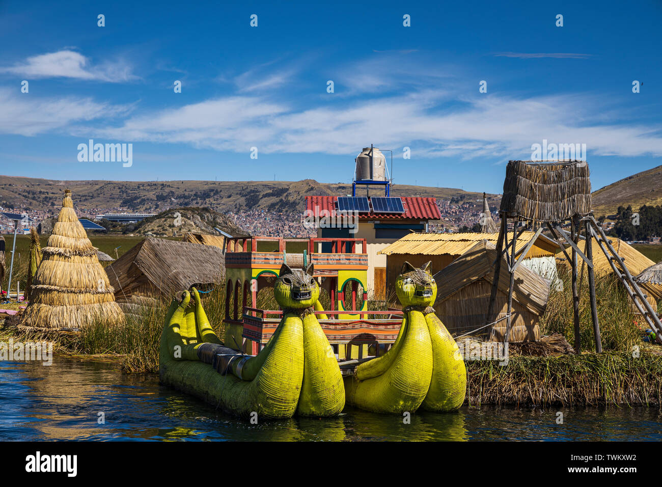 Reed boats with puma heads at the prow in the Uros islands, reed ...