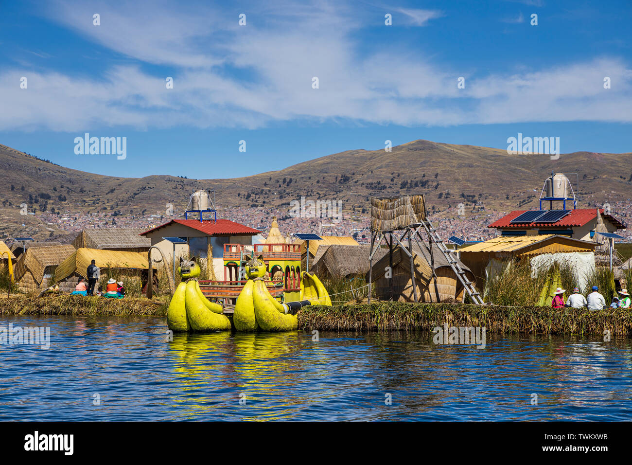 Reed boats with puma heads at the prow in the Uros islands, reed ...