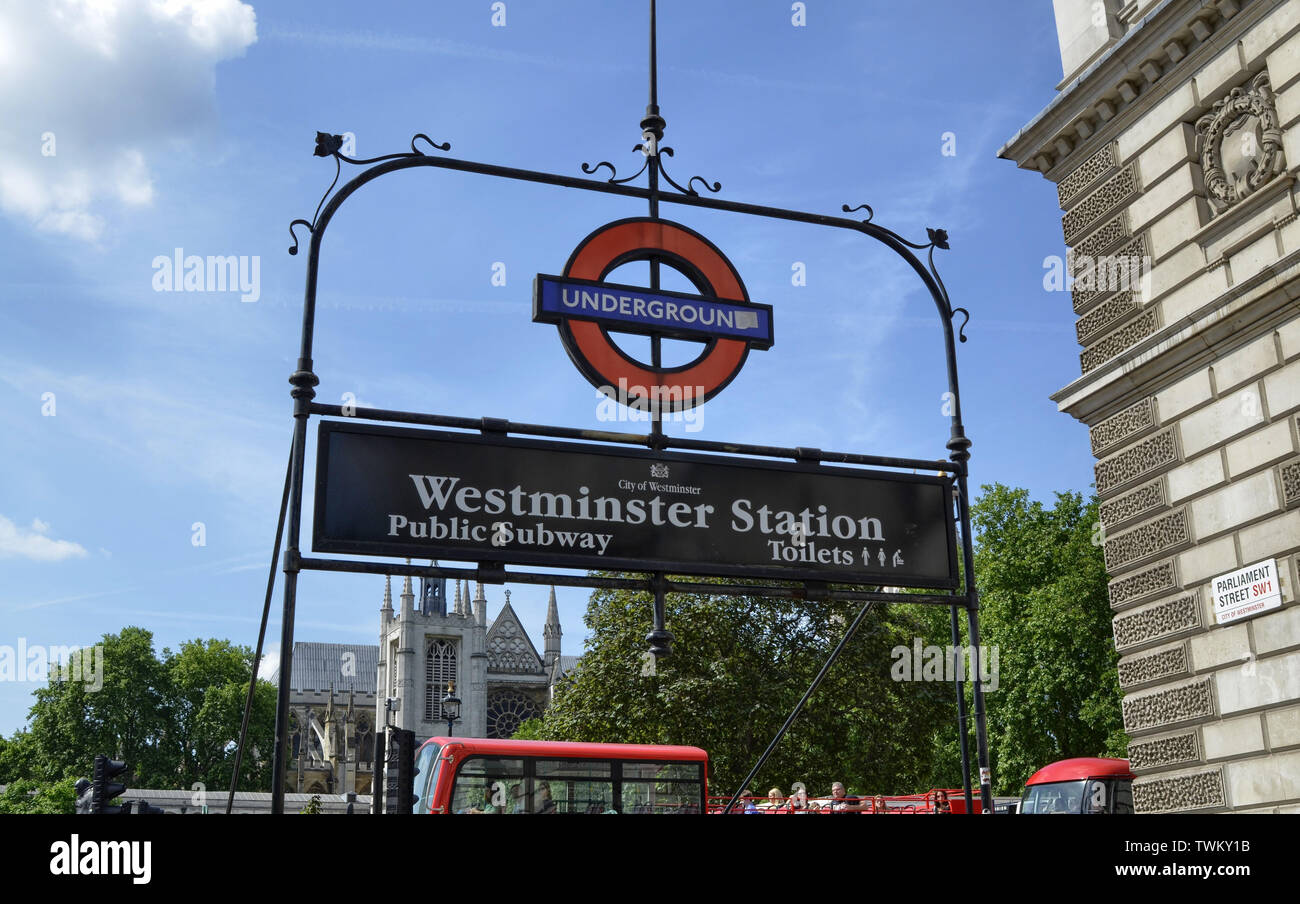 London, United Kingdom, June 2018. Entrance to the London Underground ...