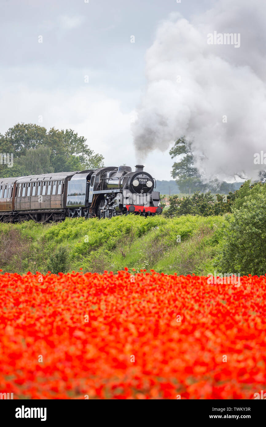 Vintage UK steam train front view passing through beautiful English ...