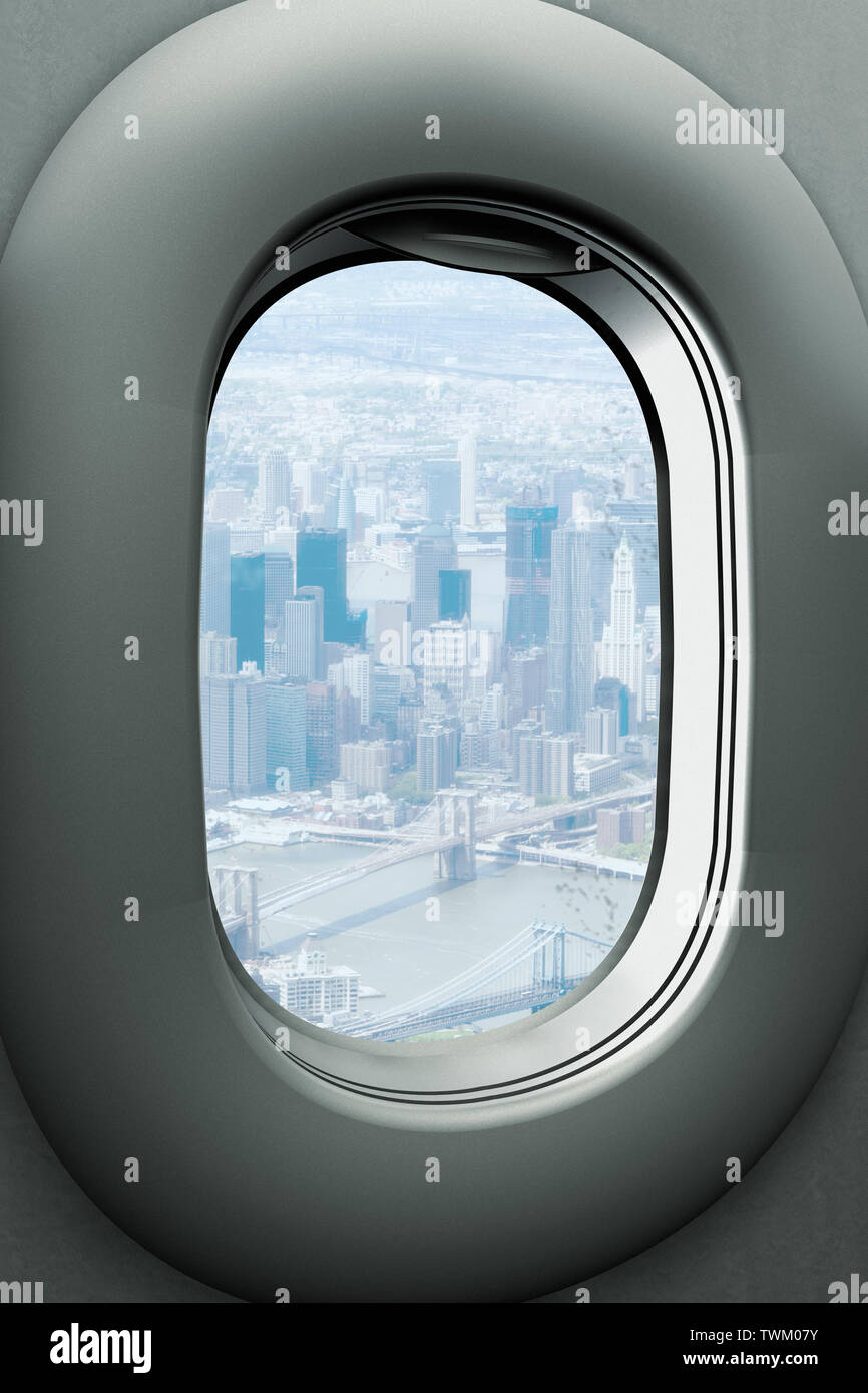 An airplane window looking out the Brooklyn Bridge and Manhattan, New ...