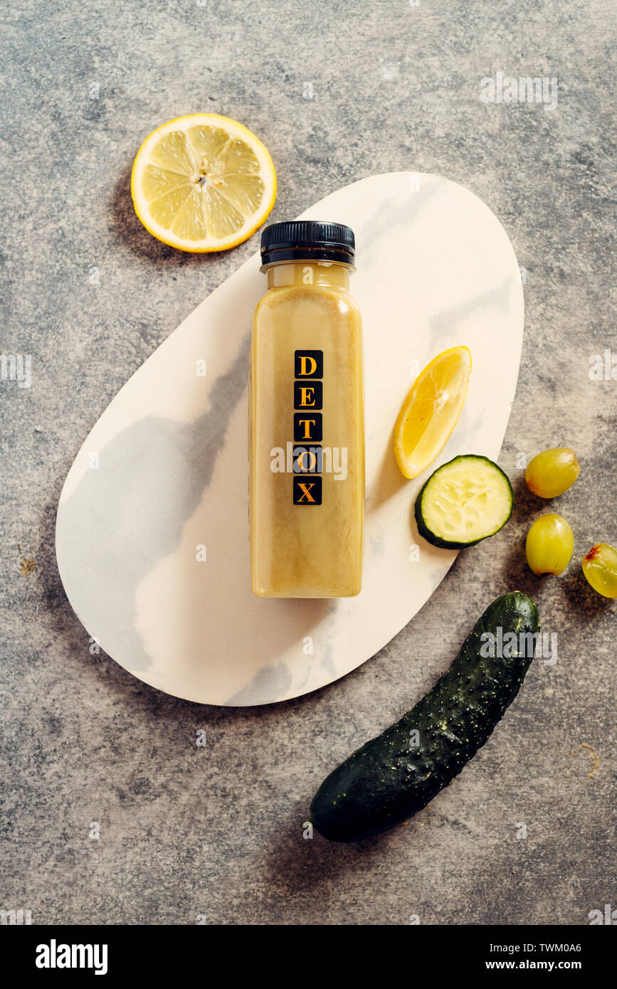 Detox cleanse drink concept, green vegetable smoothie ingredients ...