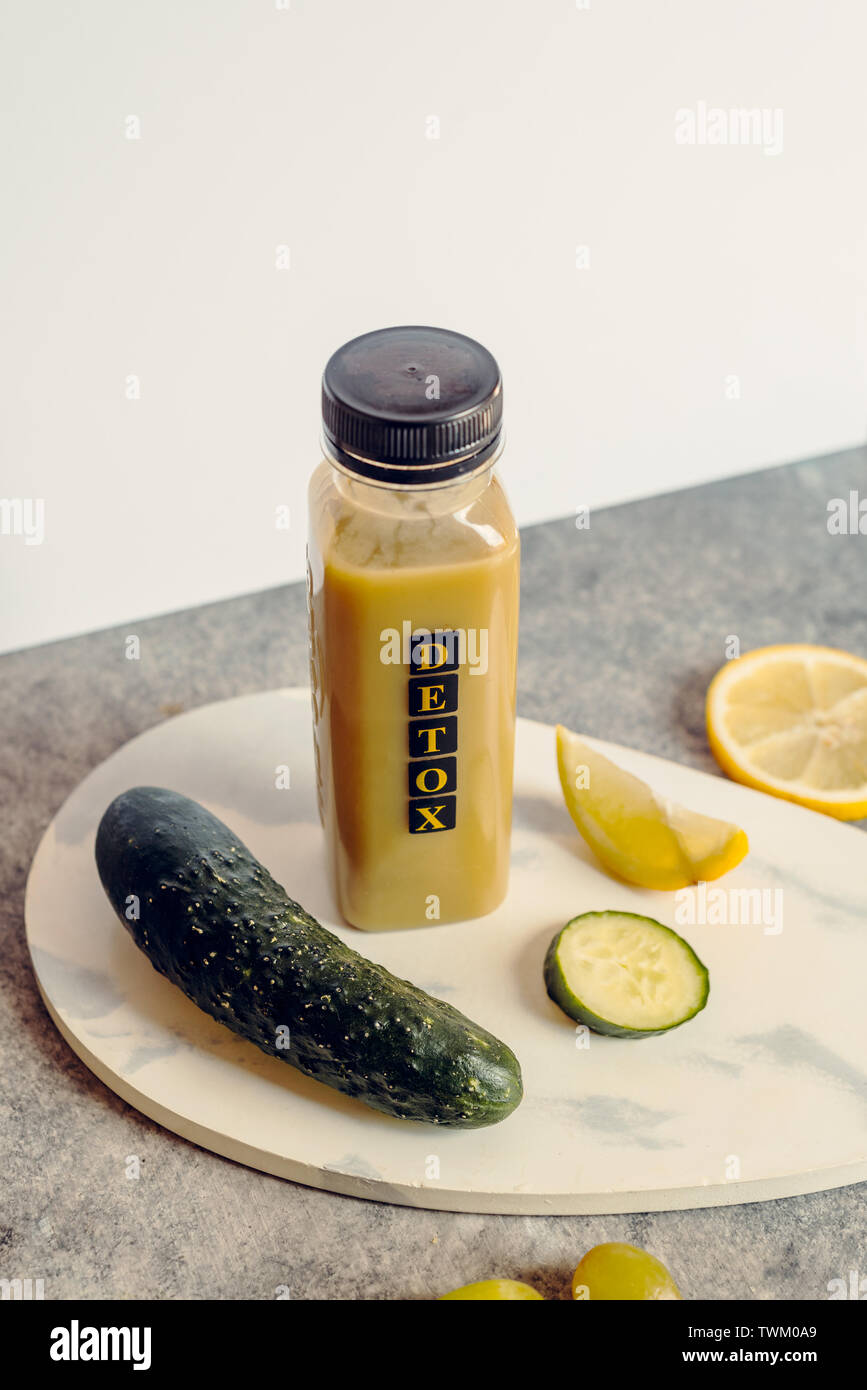 Detox cleanse drink concept, green vegetable smoothie ingredients ...