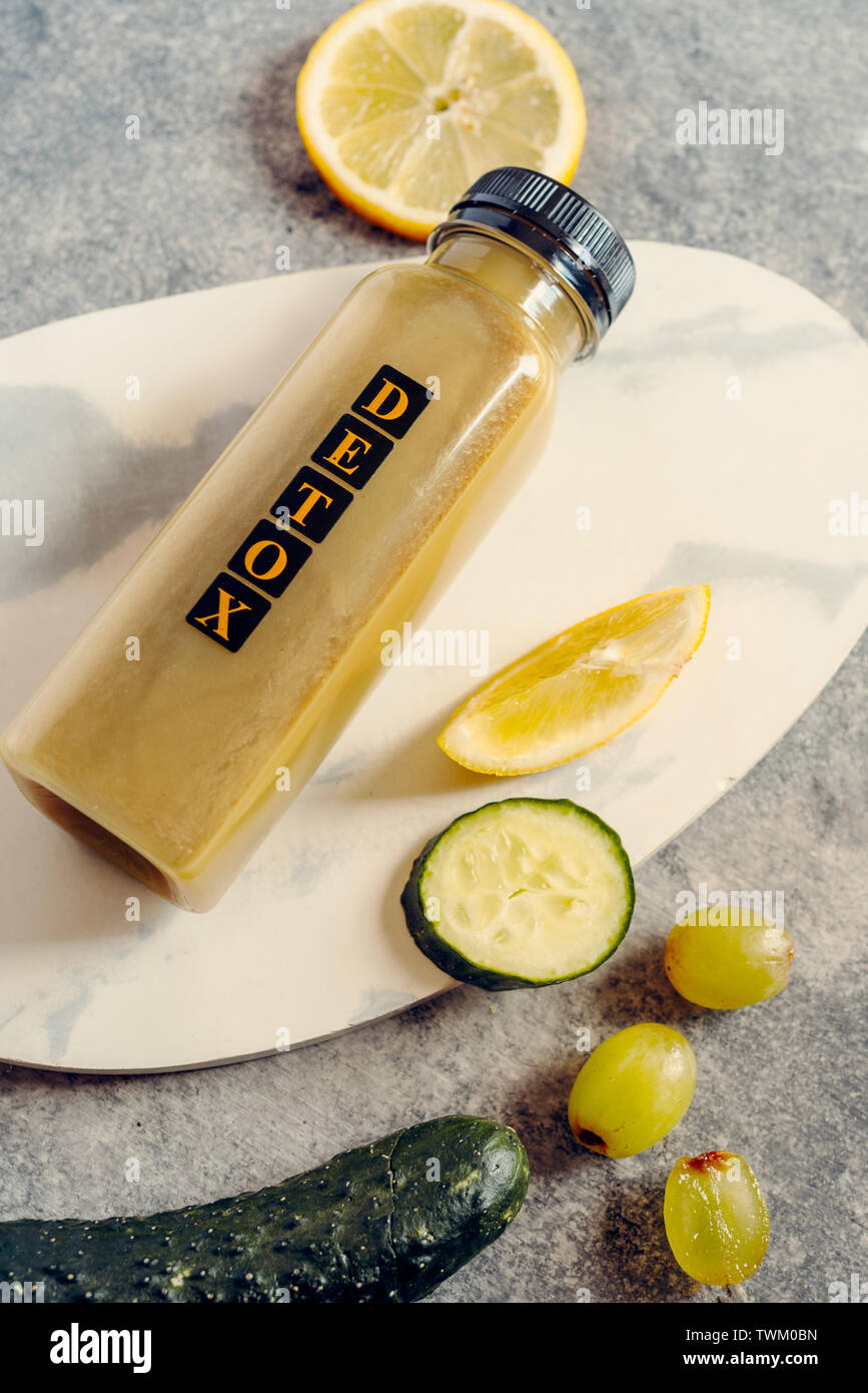 Detox cleanse drink concept, green vegetable smoothie ingredients ...