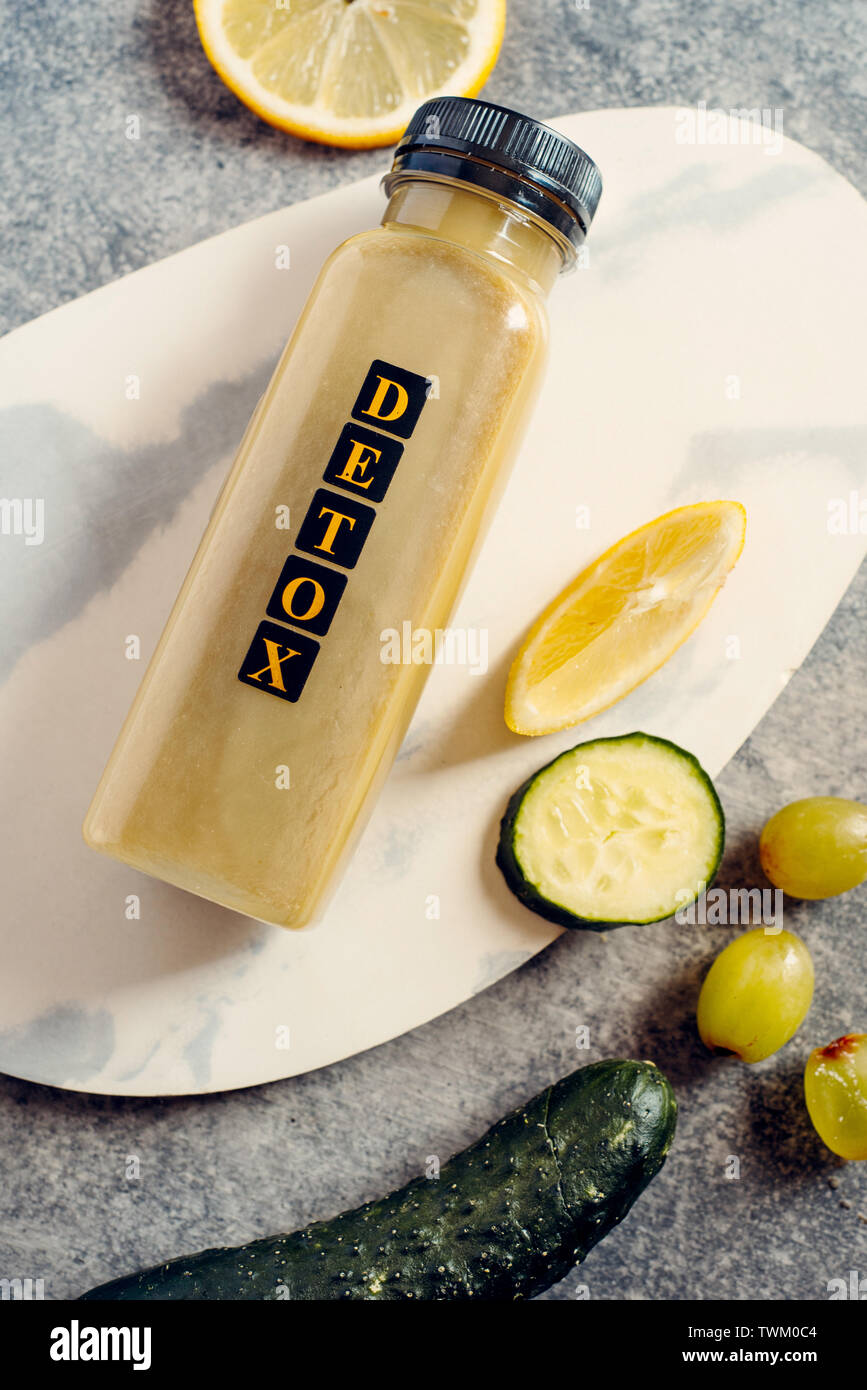 Detox cleanse drink concept, green vegetable smoothie ingredients ...