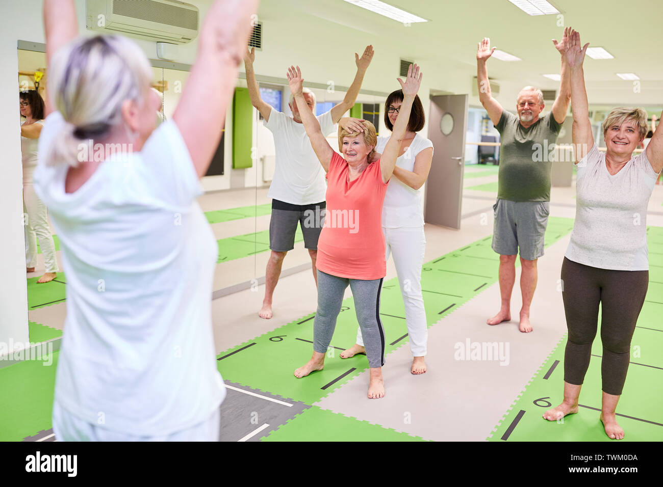 Group of seniors doing back exercises in physiotherapy under the ...