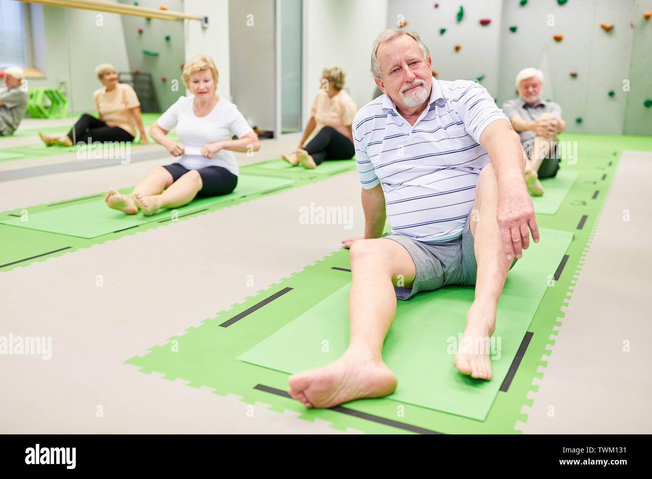 Group of seniors on yoga mats at the rehabilitation sport in the ...