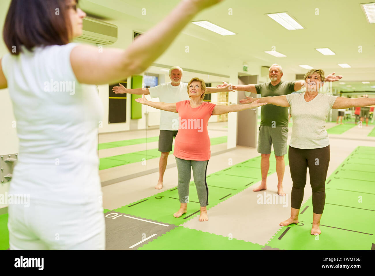 Instructors and seniors stretch their arms in back exercise as a ...
