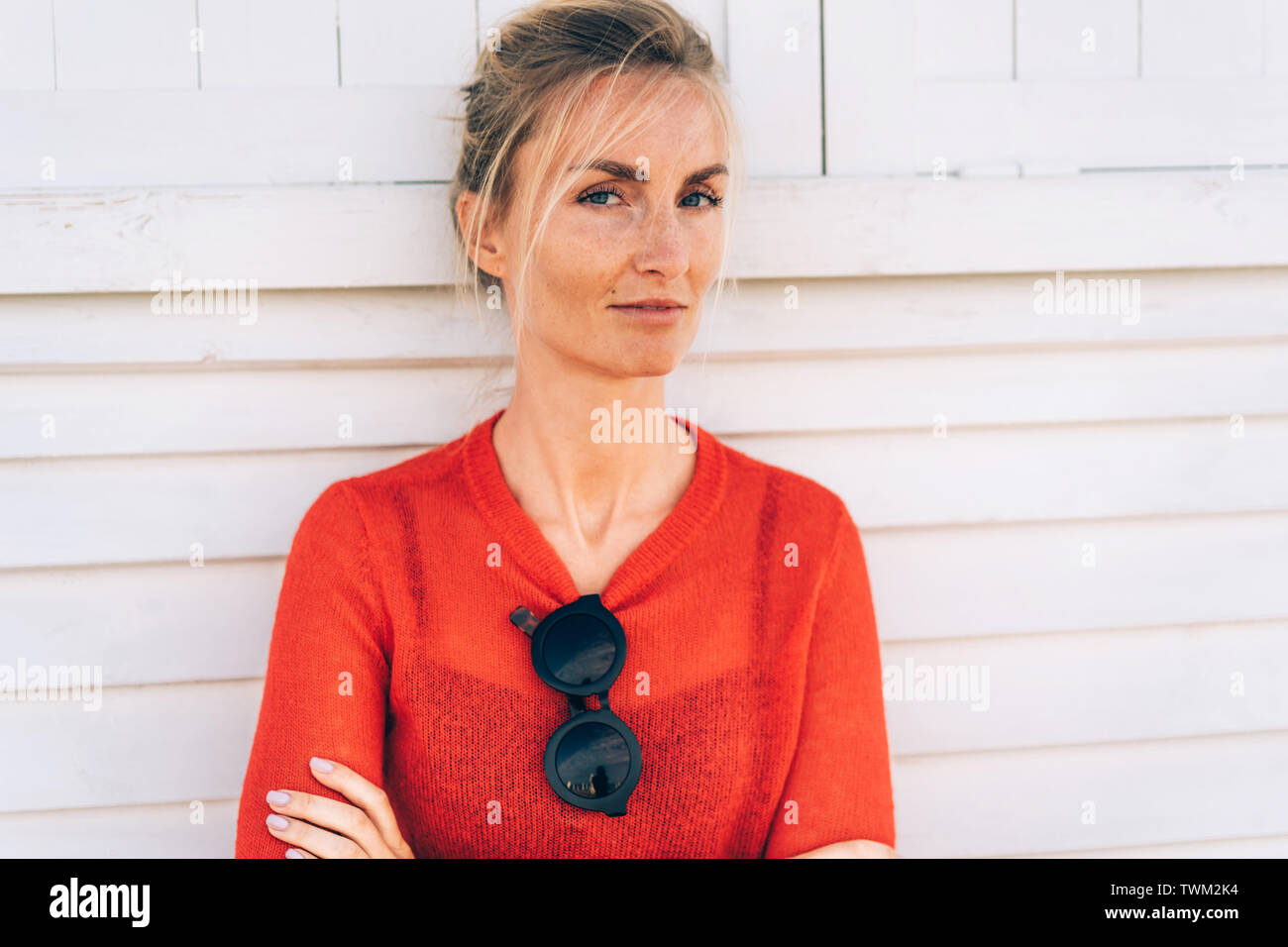 Natural beauty, authentic appearance, tanned blond woman with freckles ...