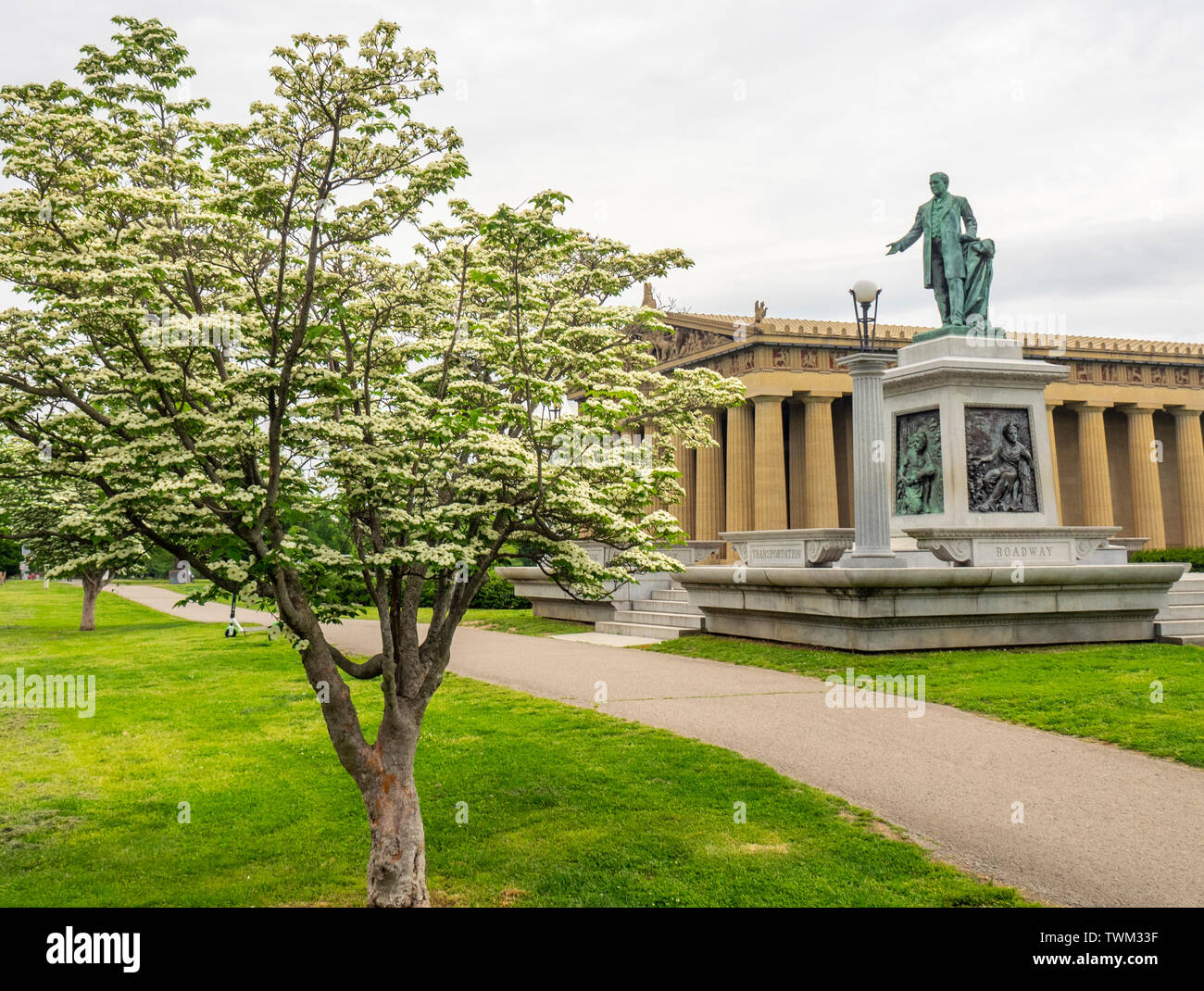 Monument and bronze statue of John W Thomas and full scale replica of Parthenon in Centennial ...