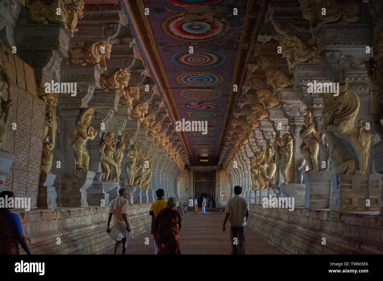 23 Aug 2009 Colourfully painted pillars and ceiling, Ramanathaswami ...