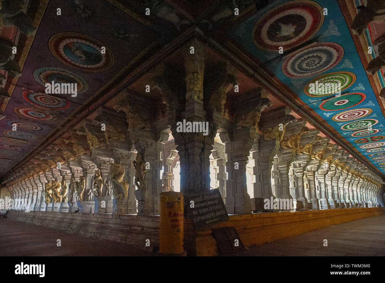 23 Aug 2009 Colourfully painted pillars and ceiling, Ramanathaswami ...