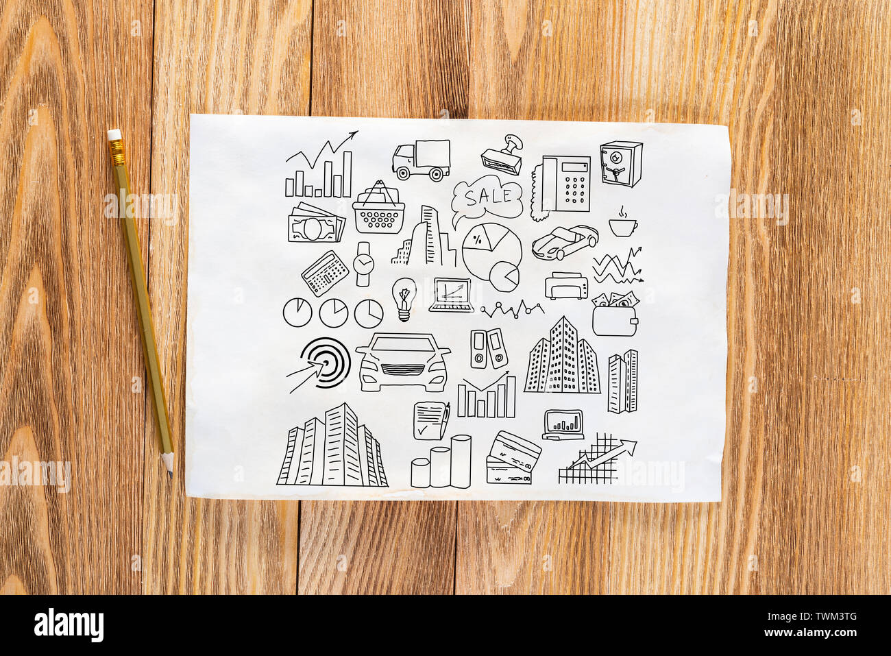 Commercial activity pencil hand drawn with group of business doodles ...