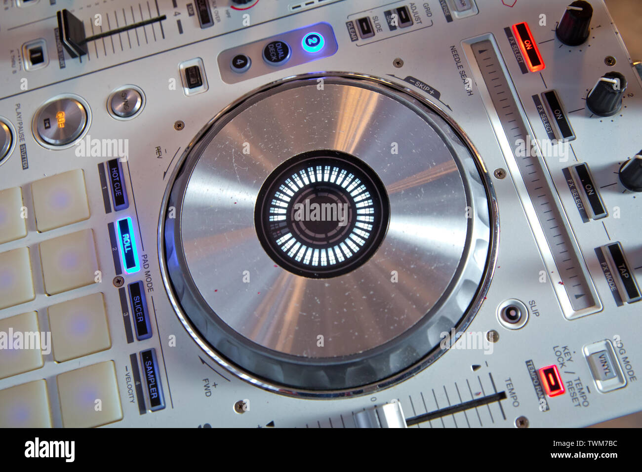 Professional concert dj turntables player device with sound mixer panel ...