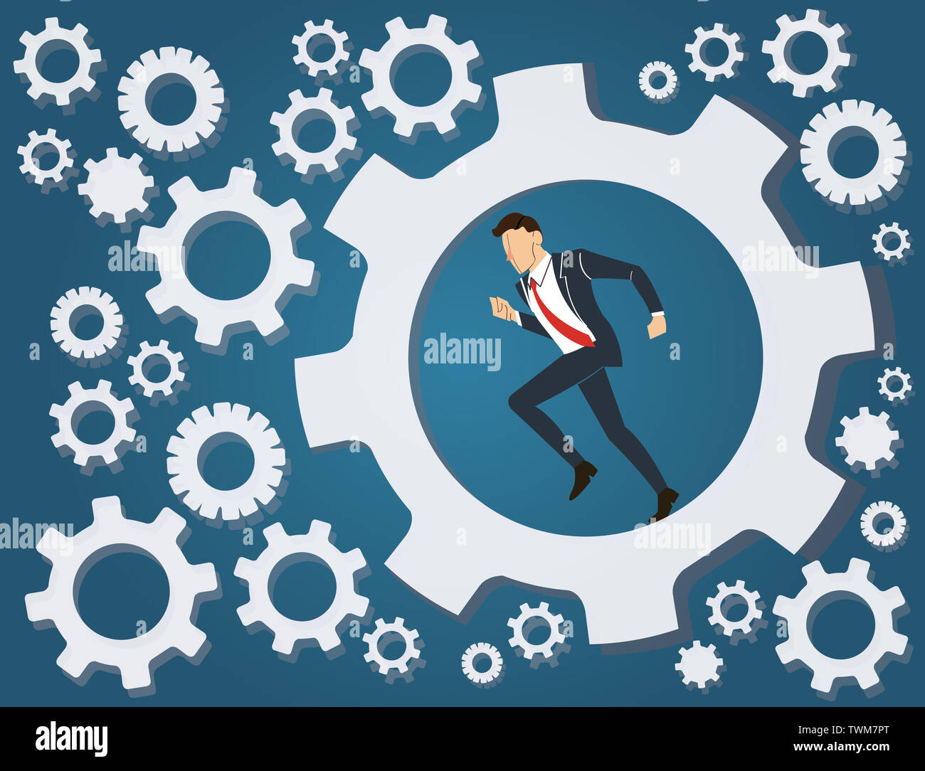 Businessman running in wheel gear background Stock Photo - Alamy