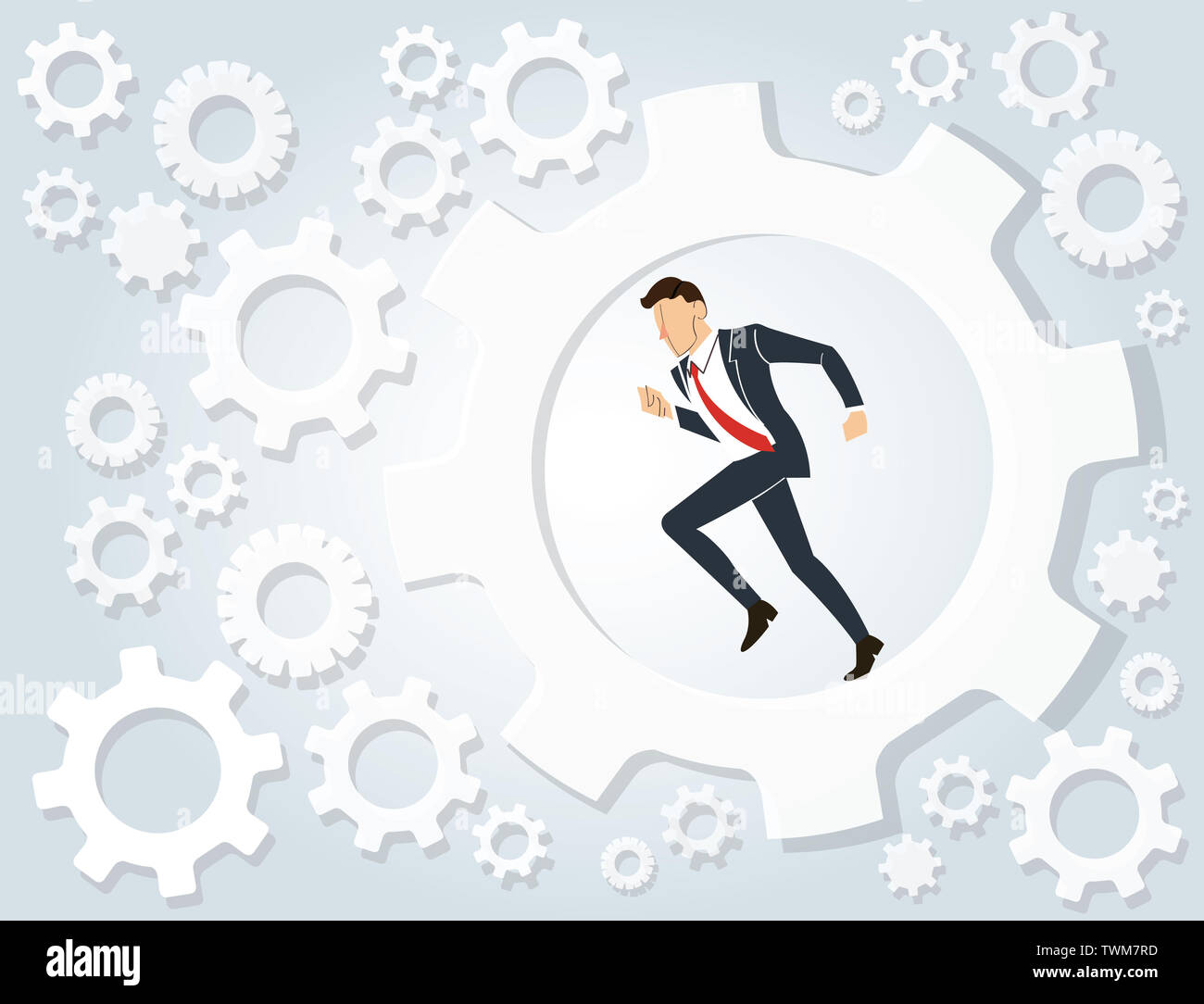 Businessman running in wheel gear background Stock Photo - Alamy