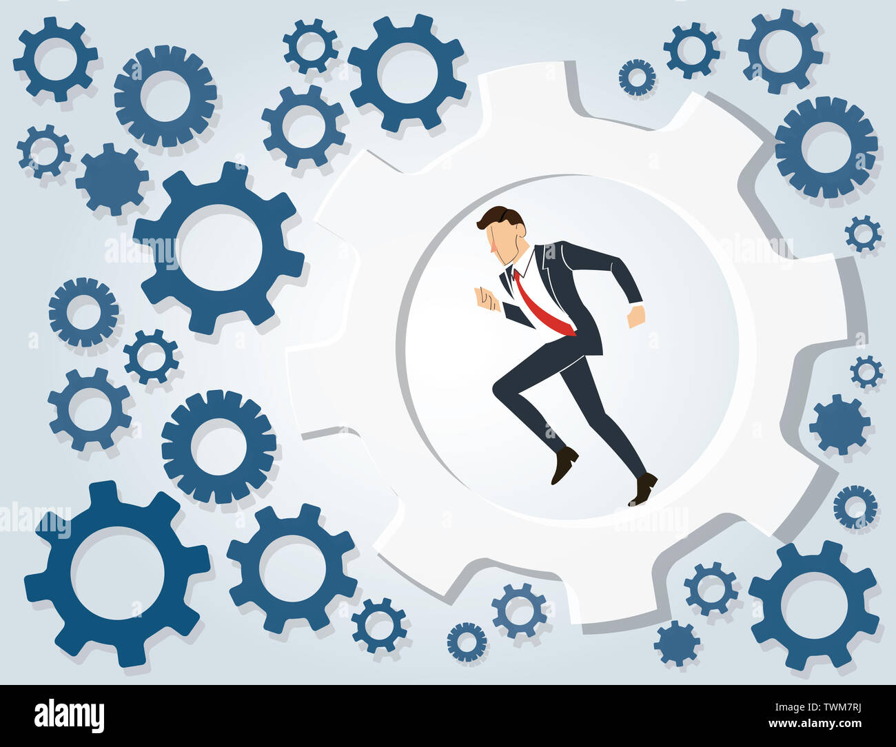 Businessman running in wheel gear background Stock Photo - Alamy