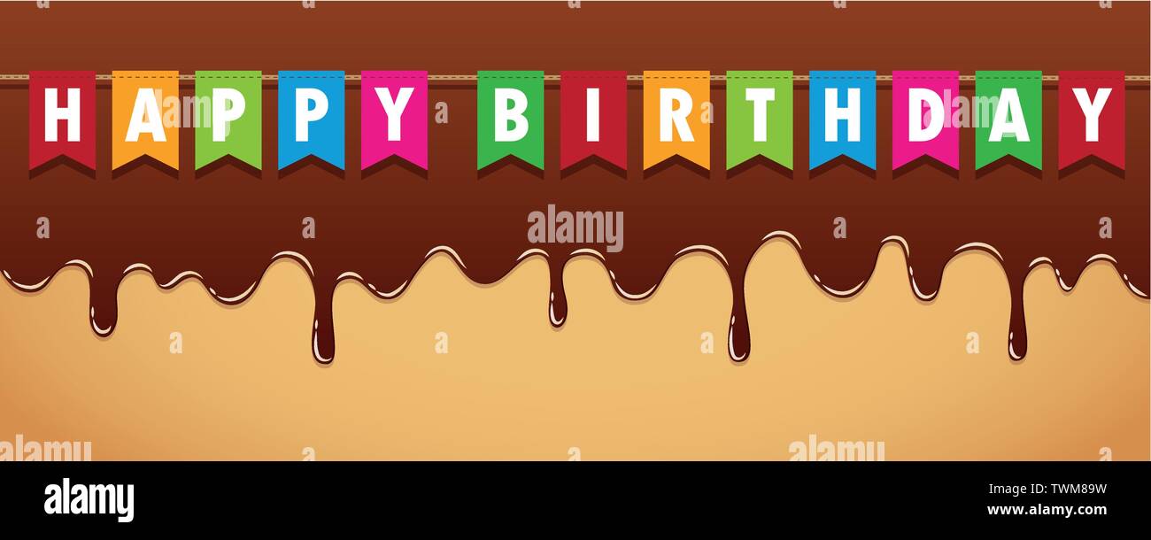 happy birthday party flags on sweet melting chocolate icing vector ...